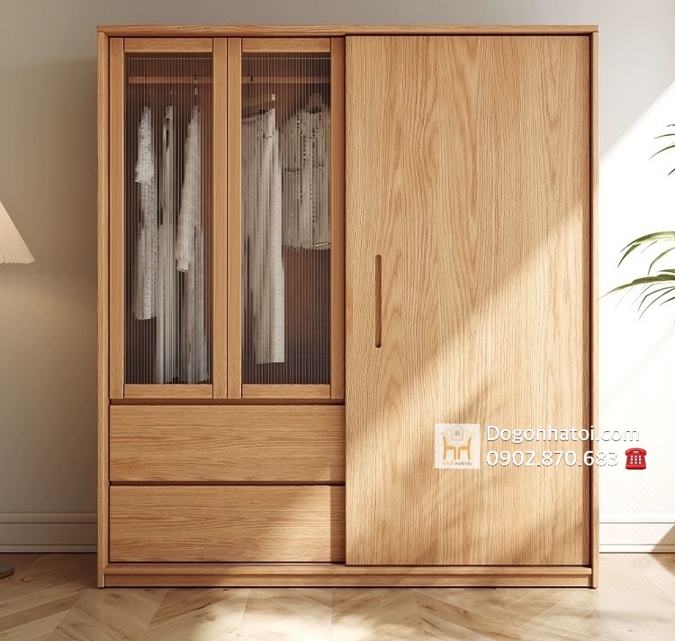 Tủ Áo Gỗ Sồi Tự Nhiên Đẹp Có Kính C2m X D1m8 (3.600k/m2)